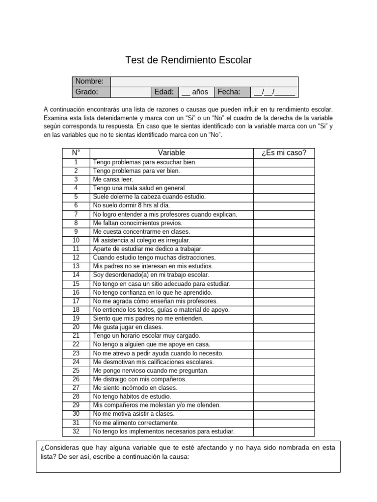 Test Rendimiento Escolar Imprimir | PDF