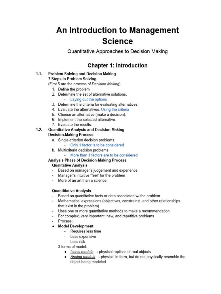 Introduction To Management Science PDF | PDF | Quantitative Research | Decision Making