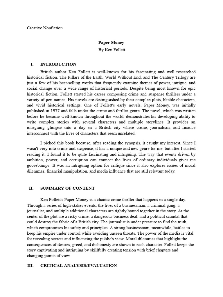 Book Critique (Paper Money by Ken Follett) | PDF | Thriller (Genre ...