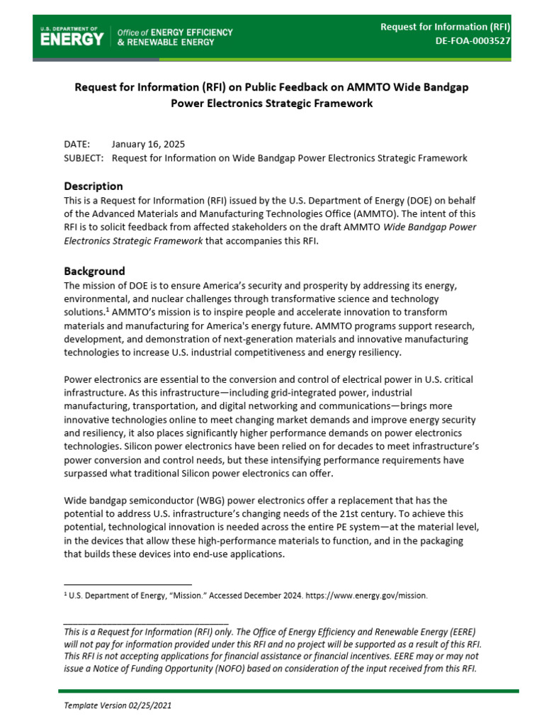 DE-FOA-0003527 Request For Information-PE Strategic Framework | PDF | Transistor