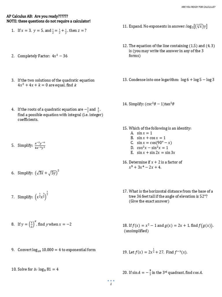 Are You Ready for CALCULUS - AP Calcus AB Summer Assignment | PDF ...