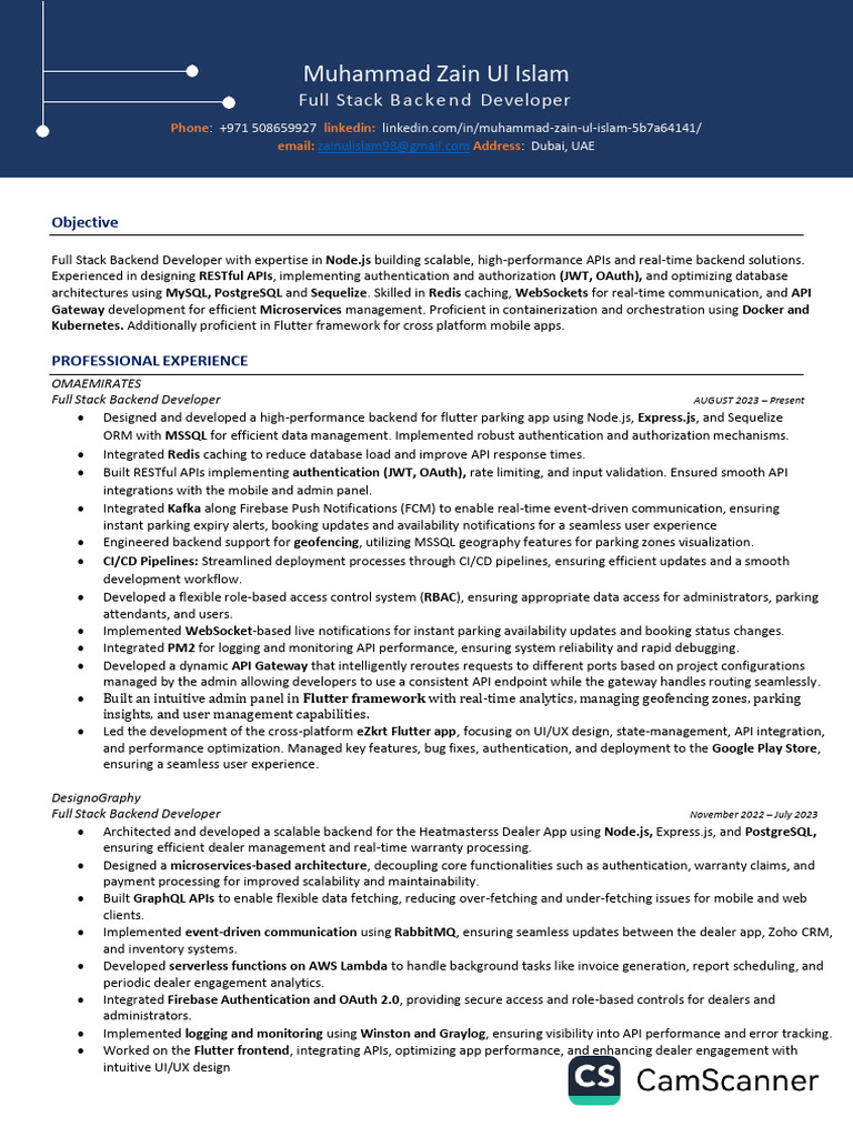 Muhammad Zain Ul Islam(Node Cv) | PDF | Mobile App | Postgre Sql