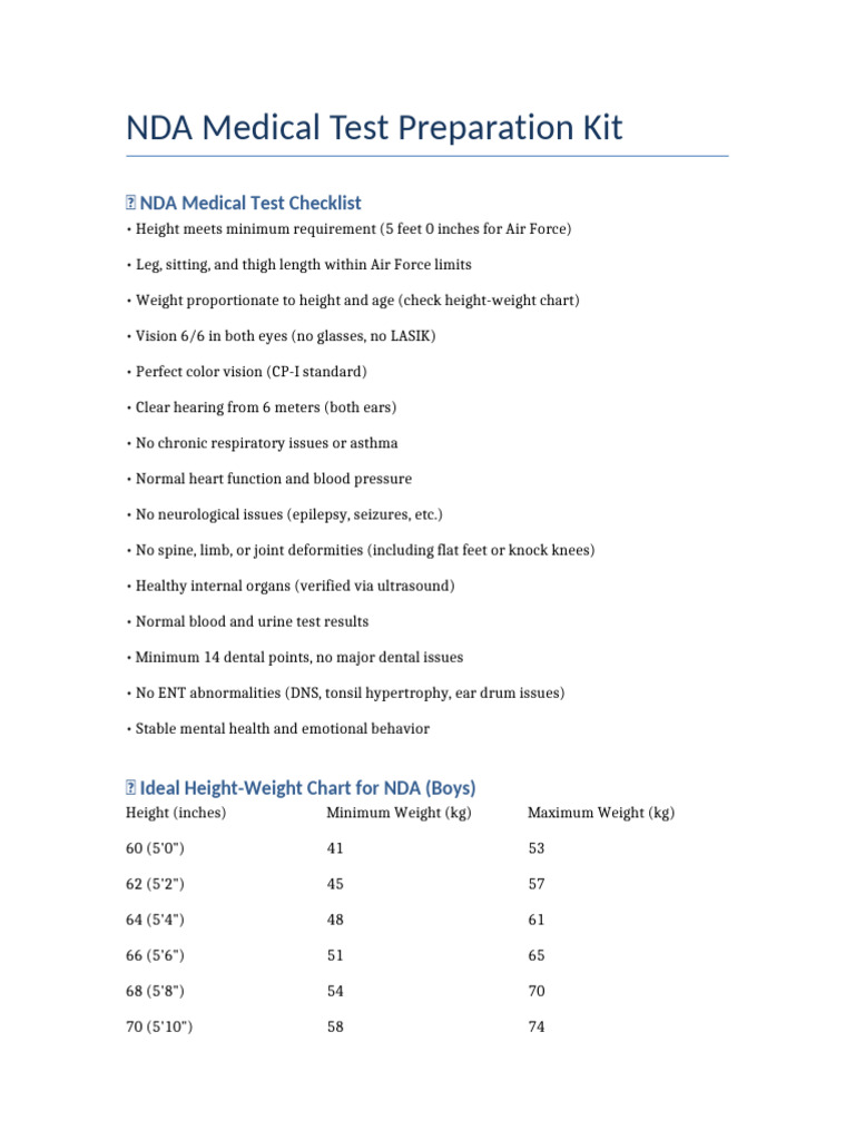 NDA Medical Test Requirements Guide | PDF
