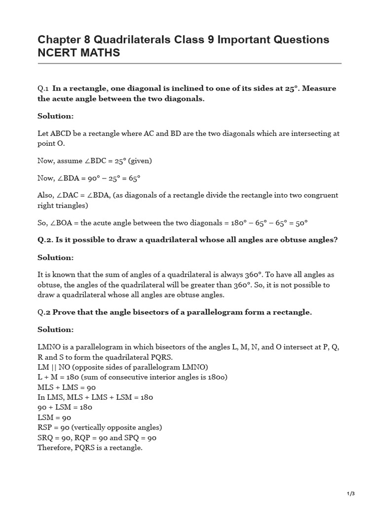 Class 9 Quadrilaterals Important Questions | PDF | Rectangle ...