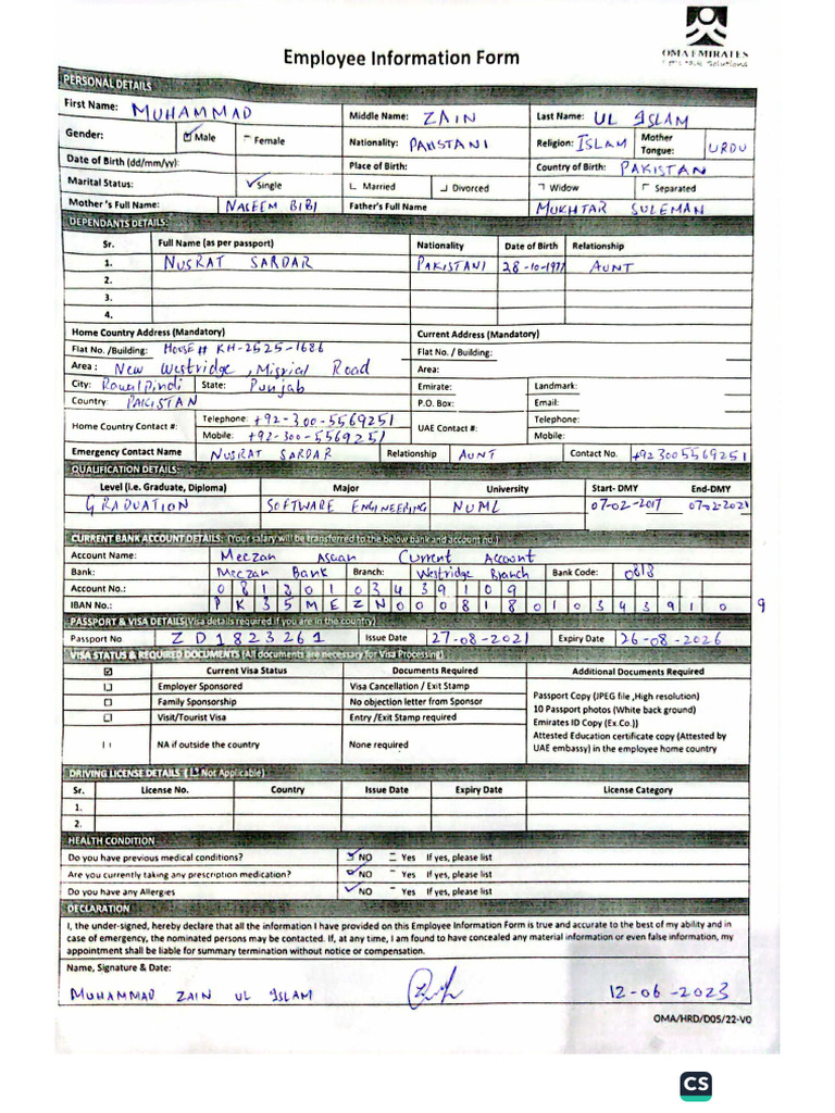 Employee Information Form | PDF