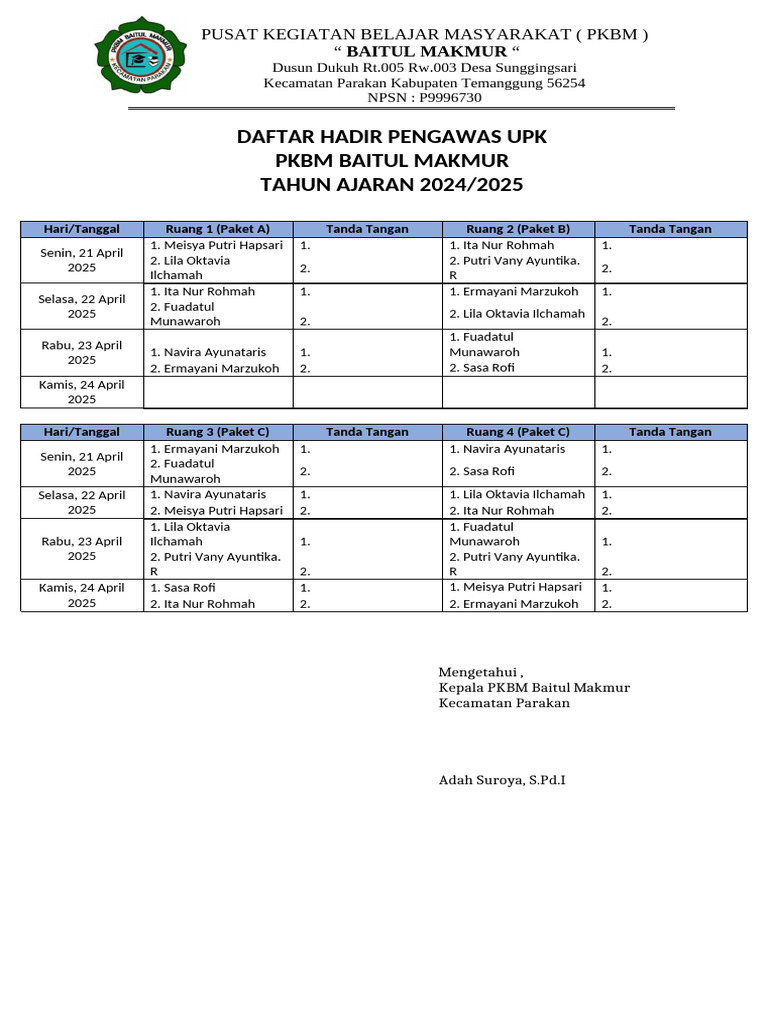 Daftar Hadir Pengawas UPK | PDF