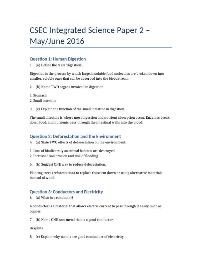 CSEC Integrated Science 2016 Paper2 QA | PDF | Digestion | Circulatory System