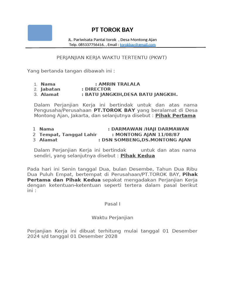 Perjanjian Kerja PT Torok Bay 2024-2028 | PDF