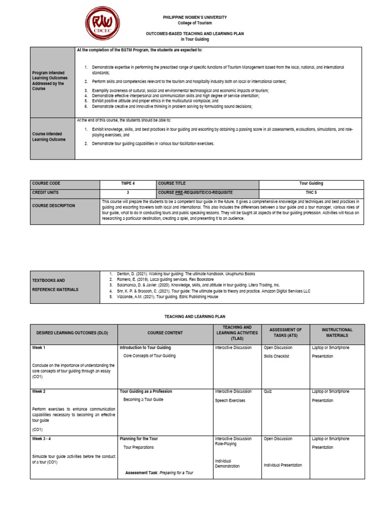 Tour Guiding Course Plan Overview | PDF | Skill | Tourism
