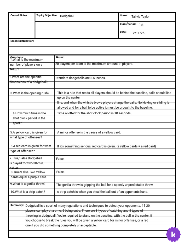 Kami Export - Dodgeball Cornell Notes | PDF