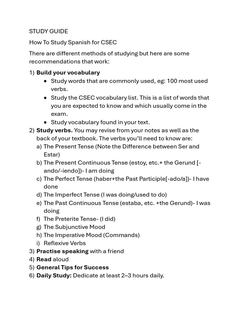 CSEC Spanish Study Guide and Tips | PDF | Grammatical Tense | Verb