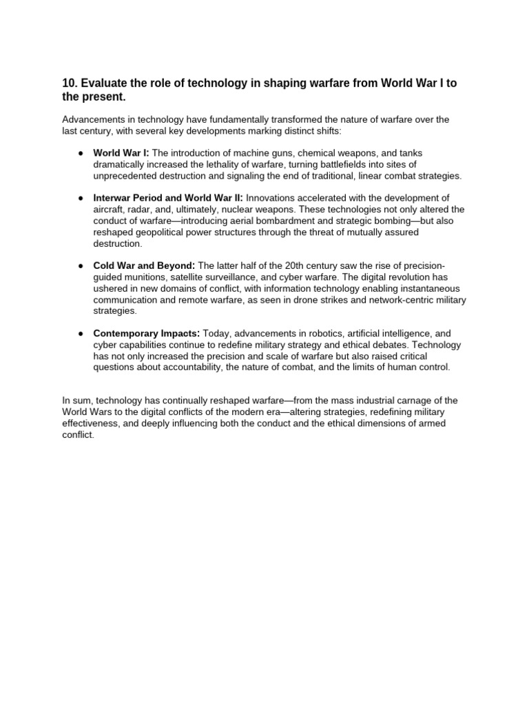 Evaluate The Role of Technology in Shaping Warfare From World War I To ...