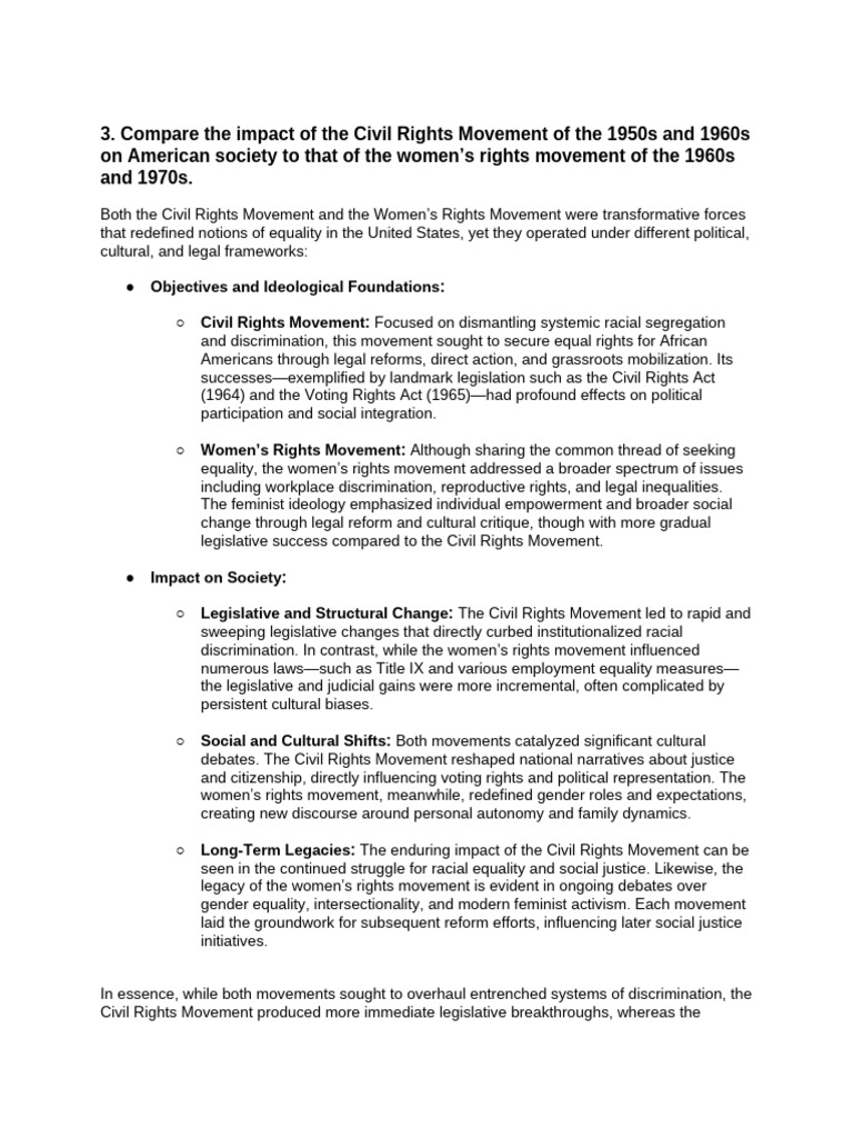 Compare The Impact of The Civil Rights Movement of The 1950s and 1960s ...