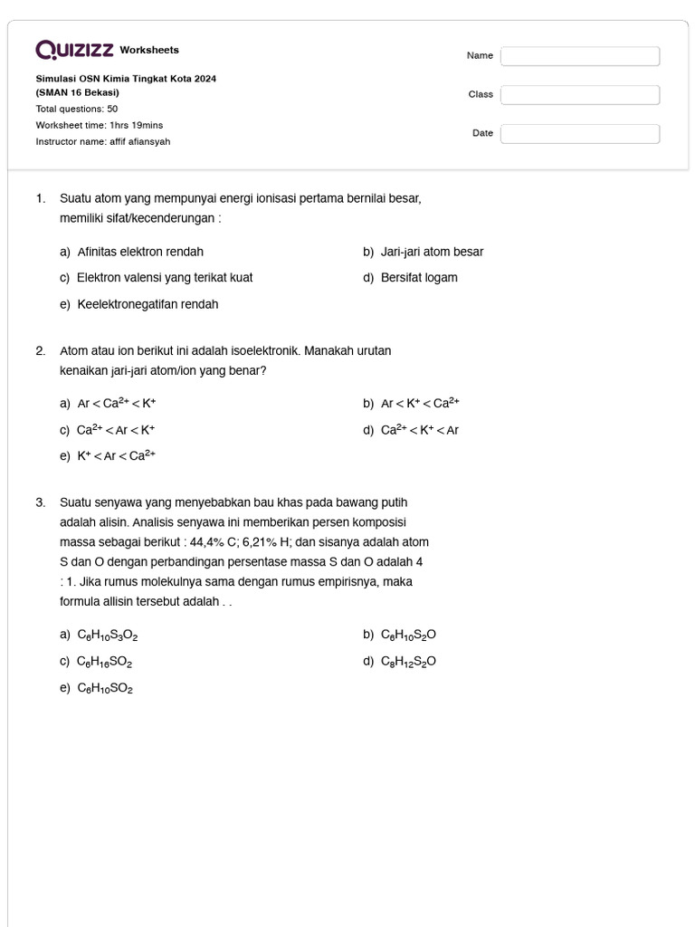 Simulasi OSN Kimia 2024 Bekasi | PDF
