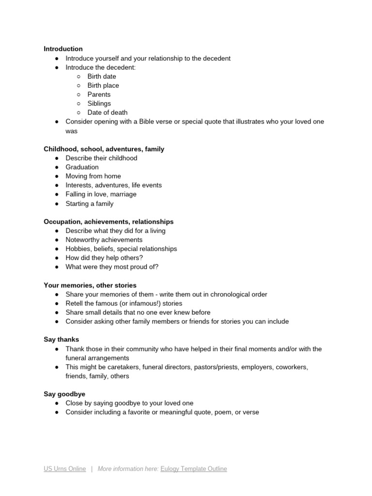 Eulogy Outline and Template Guide | PDF