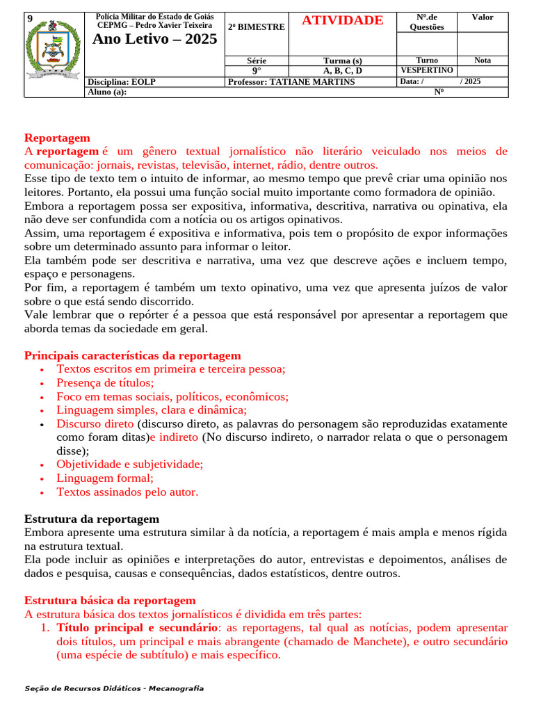 Características da Reportagem Jornalística | PDF | Jornalismo | Narrativa