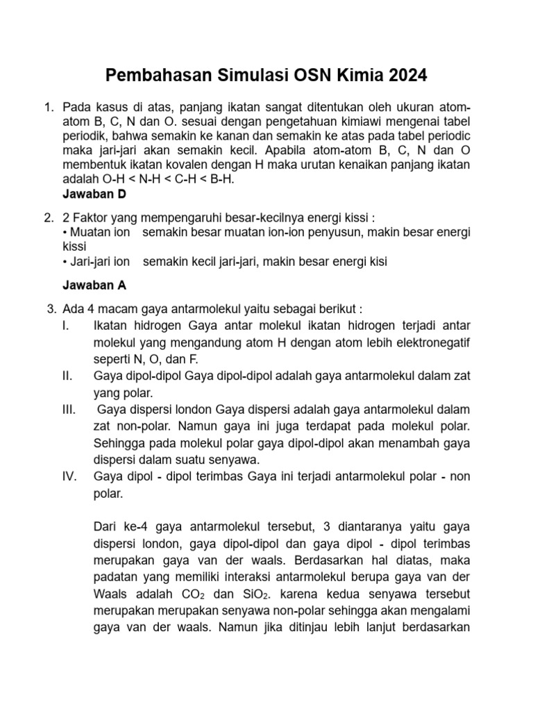 Pembahasan Simulasi OSN Kimia 2024 | PDF