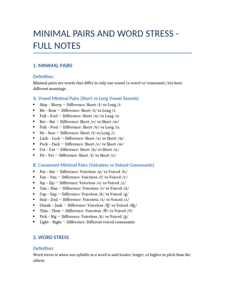 Minimal Pairs And Word Stress Notes Pdf