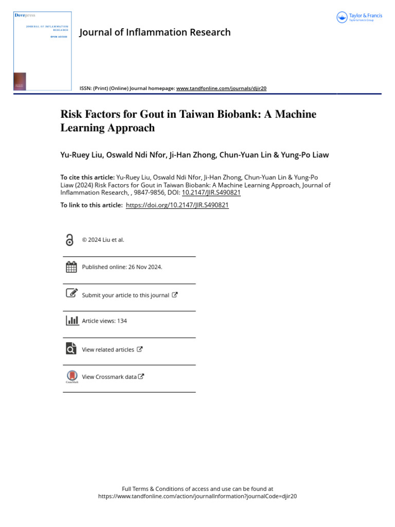 Risk Factors for Gout in Taiwan Biobank A Machine Learning Approach ...