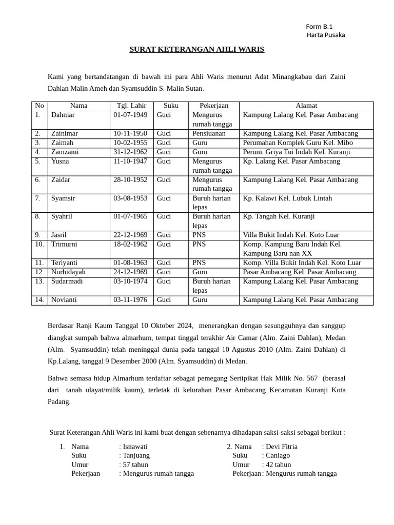 Surat Keterangan Waris Zaini Dahlan dan Syamsudin | PDF