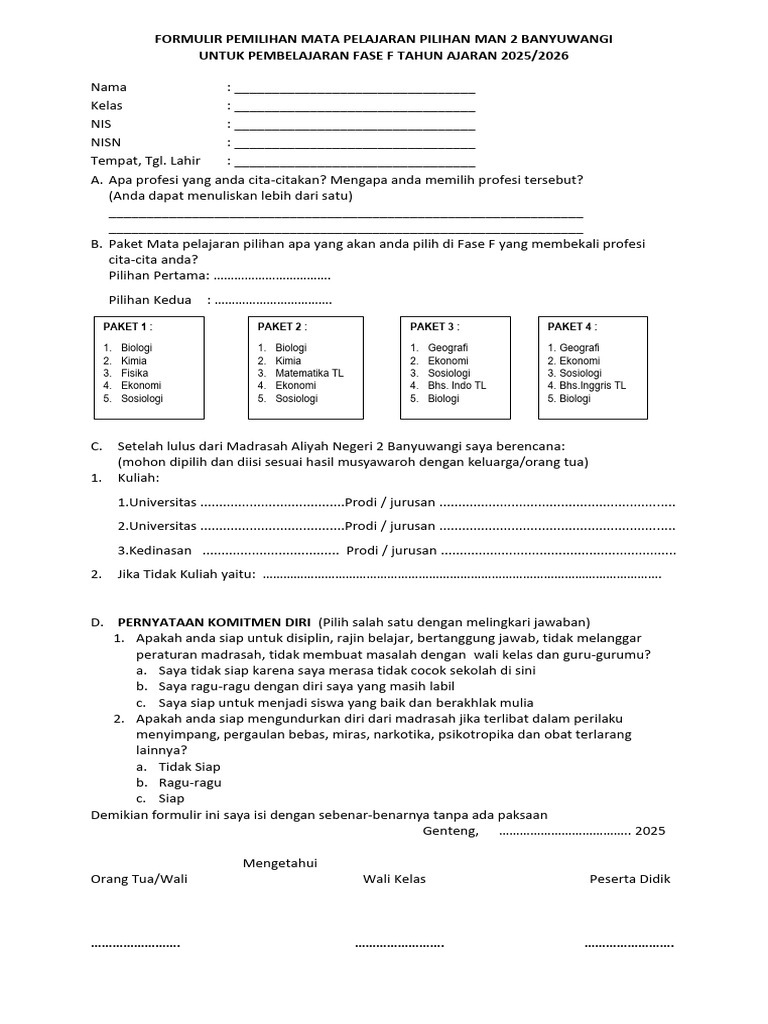 Form Pemilihan Mapel Fase F 2025-2026 | PDF