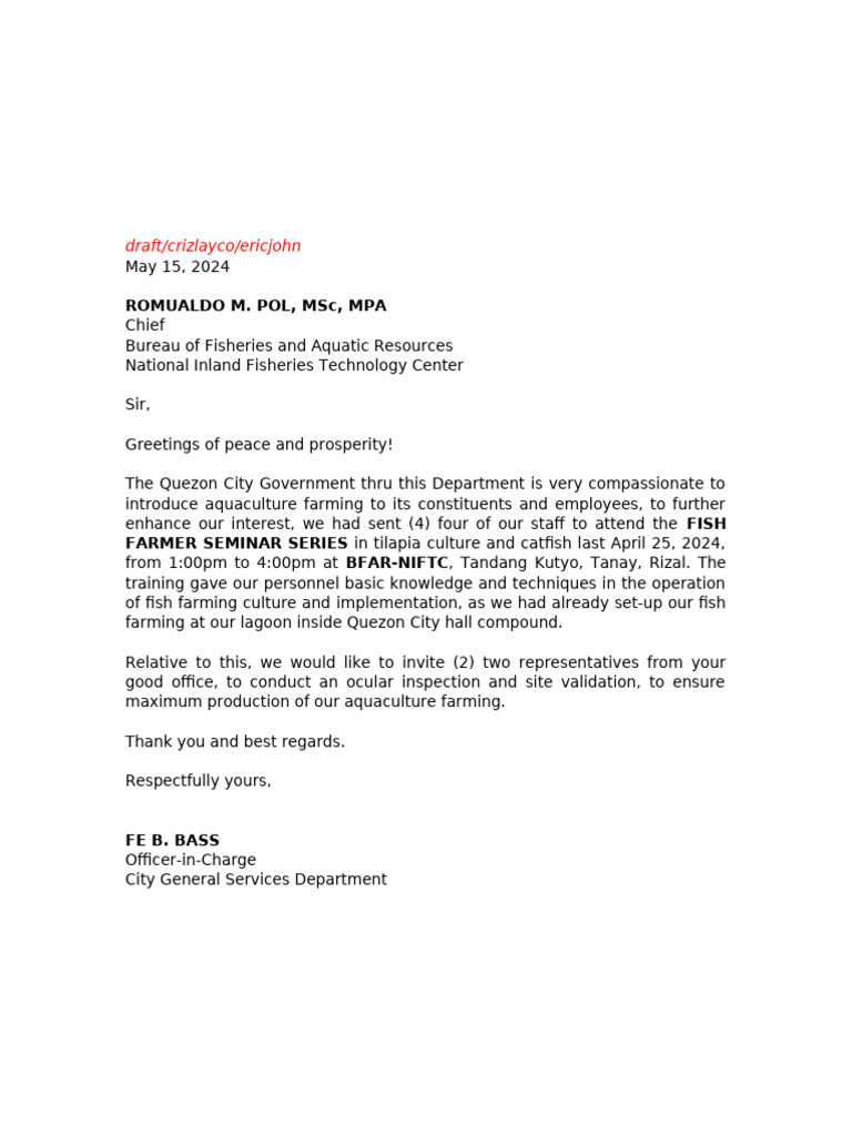 Invitation for Aquaculture Site Inspection | PDF