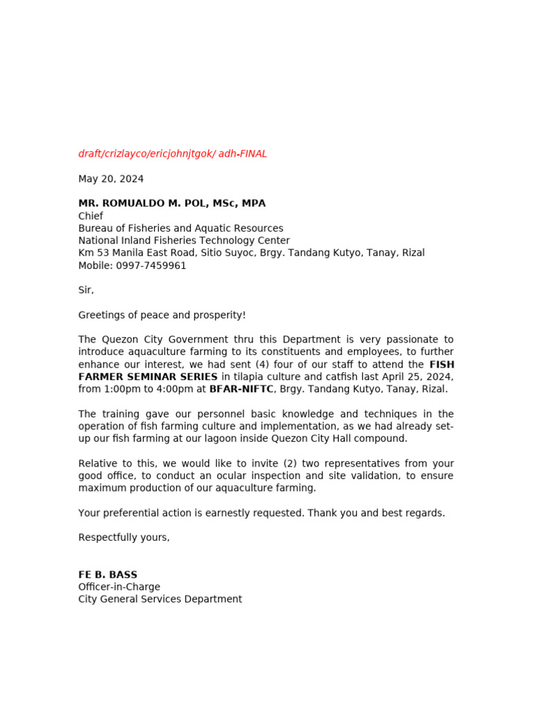 BFAR-REQ FOR LAGOON OCULAR INSPECTION adh-FINAL WITH NOTE | PDF