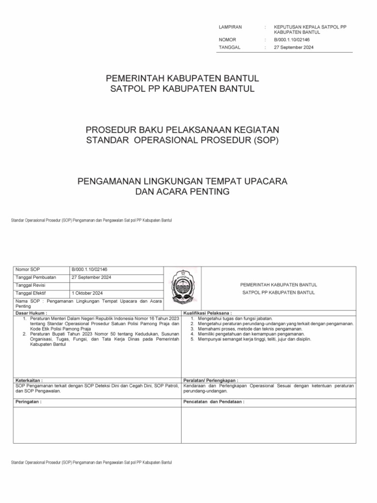 SOP Pengamanan Lingkungan Tempat Upacara Dan Acara Penting | PDF