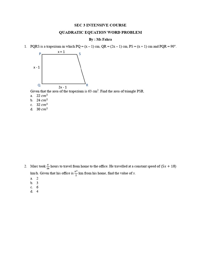 Quadratic Equation Word Problems Guide | PDF | Area | Rectangle