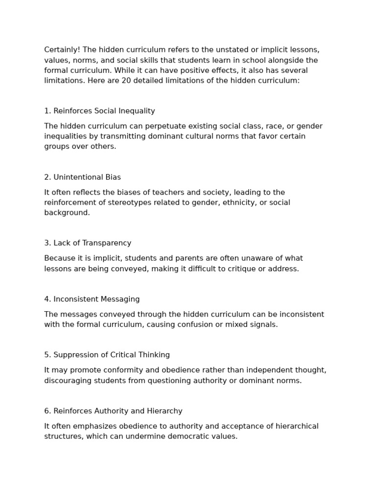 Limitations of Hidden Curriculum | PDF | Curriculum | Stereotypes