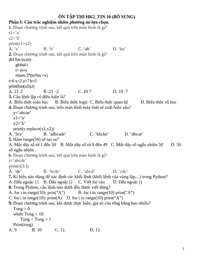 Đề Cương Ôn Tập Học Kỳ 2 Tin 10 - Bổ Sung | PDF