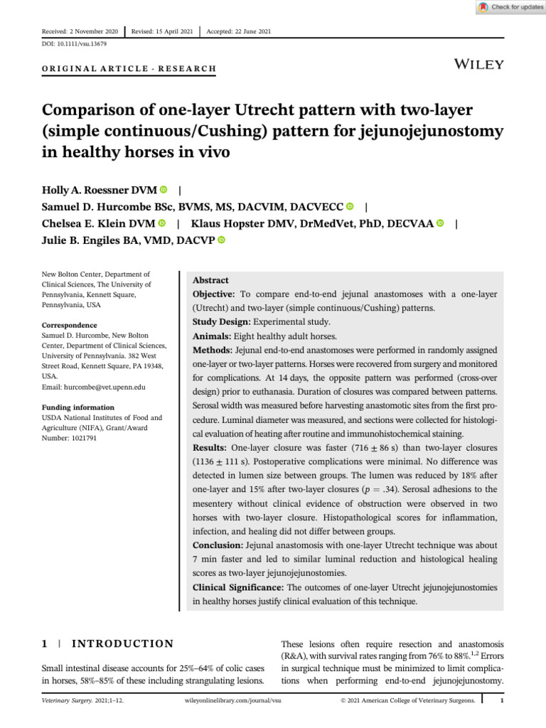One-Layer vs. Two-Layer Jejunojejunostomy in Horses | PDF | Medical ...