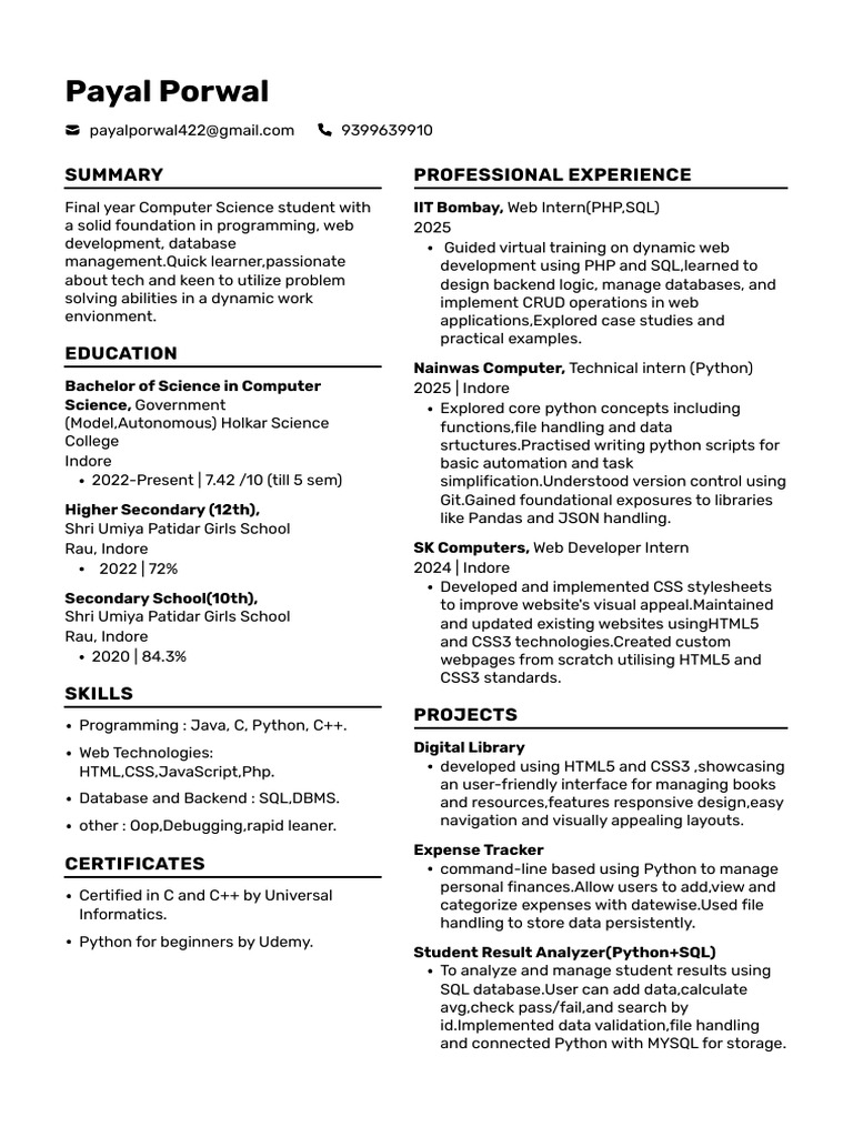 Payal-Porwal-FlowCV-Resume-20250430 | PDF | Databases | World Wide Web
