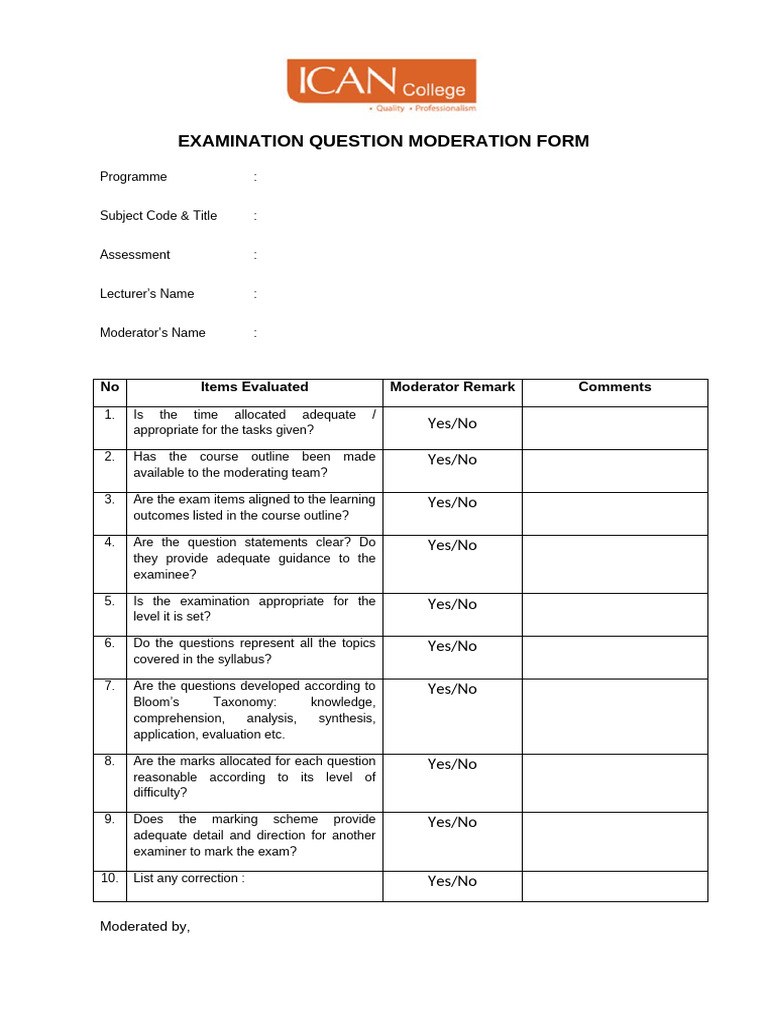 Ican College Internal Moderation Form | PDF