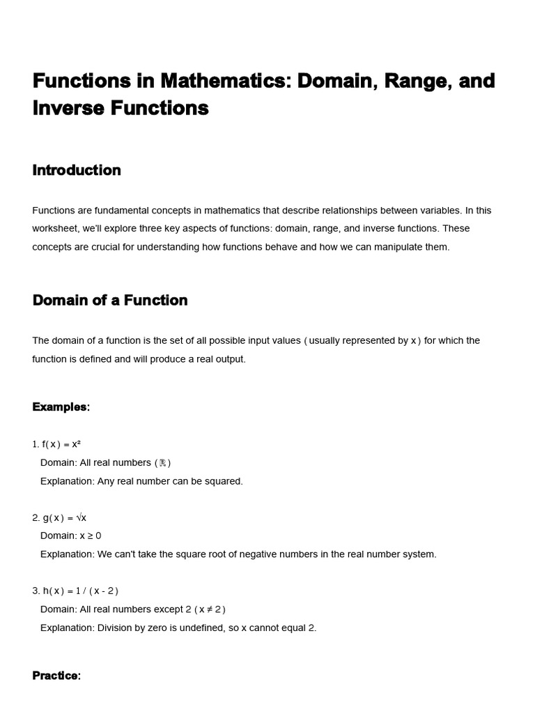 Functions in Mathematics - Domain, Range, and Inverse Functions | PDF