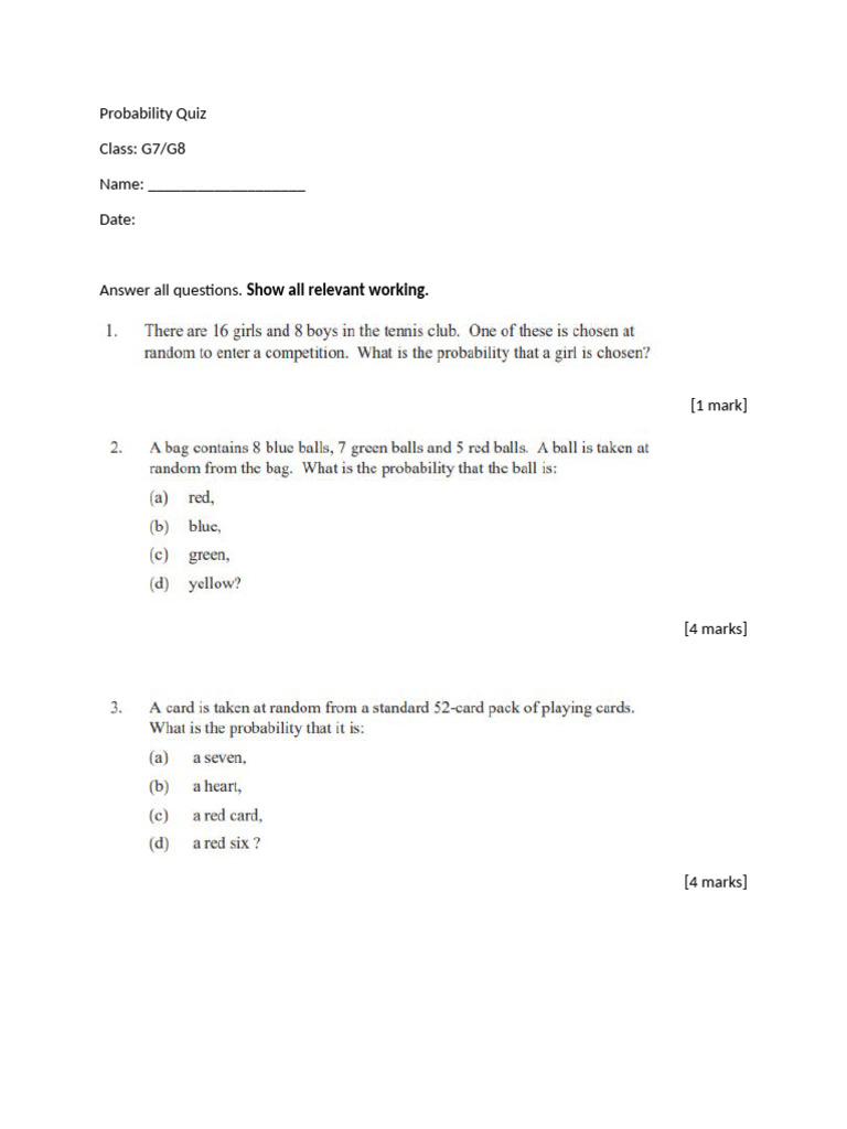 G7/G8 Probability Quiz Worksheet | PDF