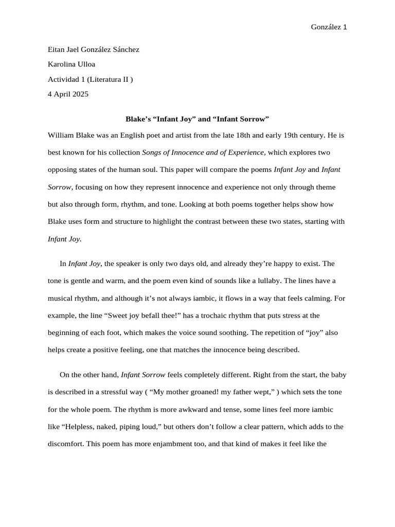 Comparing Blake's "Infant Joy" & "Infant Sorrow" | PDF | Poetry | Poetics