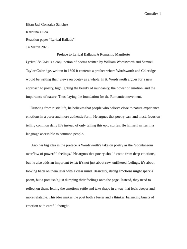 Preface To Lyrical Ballads - A - Romantic - Manifesto | PDF | Poetry | William Wordsworth