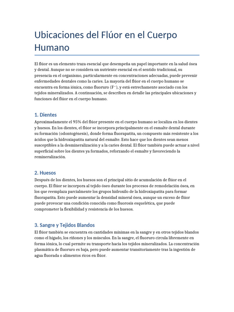 Ubicaciones Fluor Cuerpo Humano | PDF | Hueso | Flúor