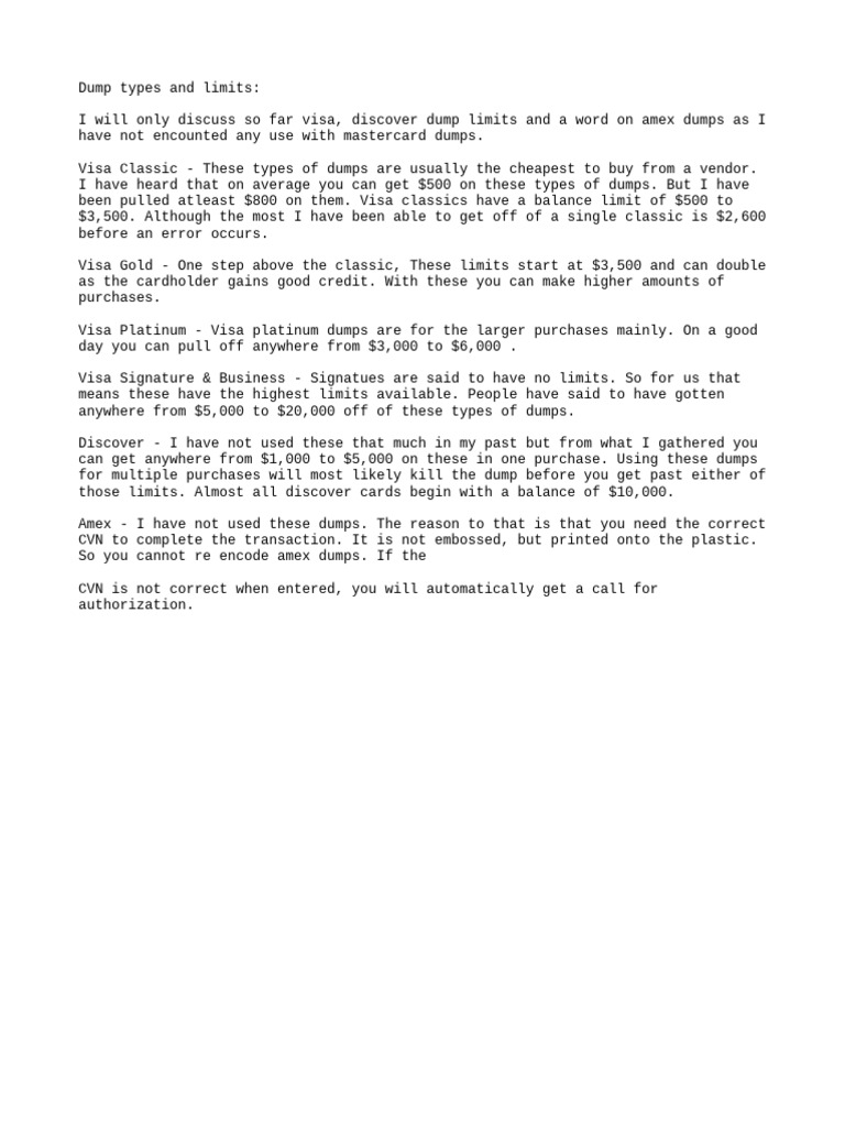 VISA DUMP TYPE LIMITS. | PDF