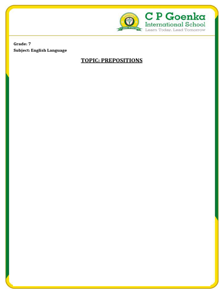 Grade 7 English Language CH 16 Prepositions Worksheet With Answer Key ...