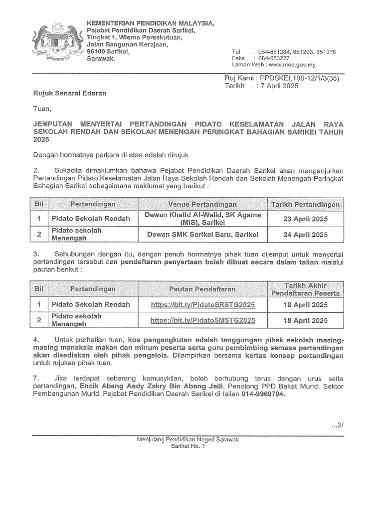 Jemputan Menyertai Pertandingan Pidato Keselamatan Jalan Raya SR Dan SM Peringkat Bahagian ...