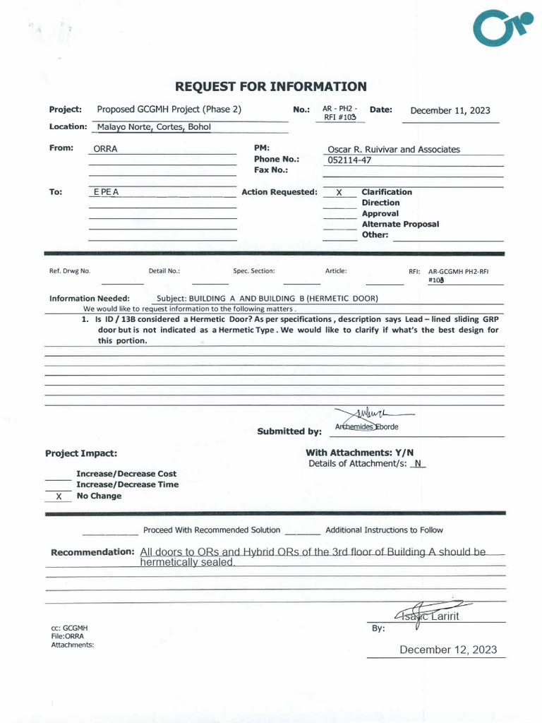 Ar-Gcgmh Ph2-Rfi#103-Building A and Building B (Hermetic Door) - Response | PDF