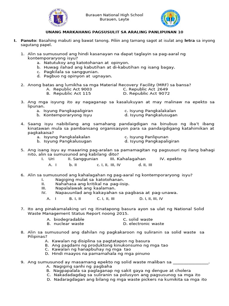 1st QUARTER EXAM AP10 | PDF