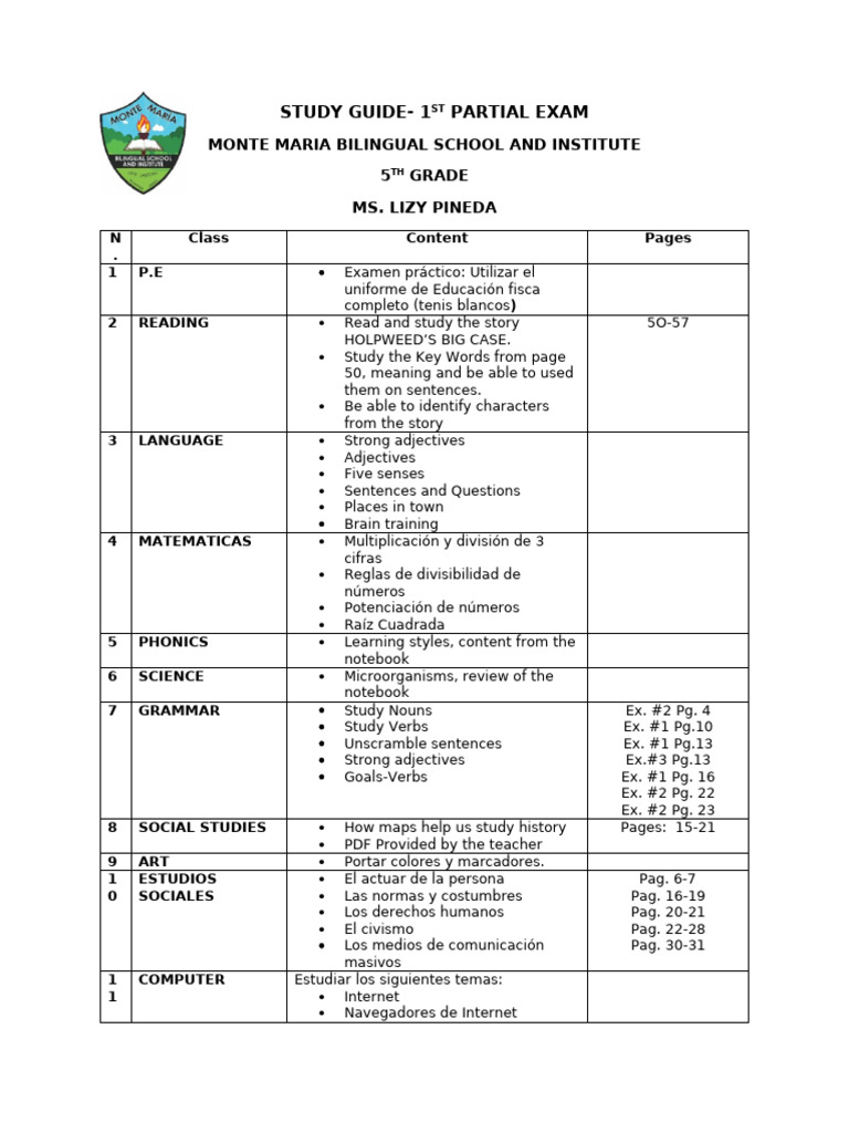 1st Partial Study Guides 5th Grade MMBS | PDF