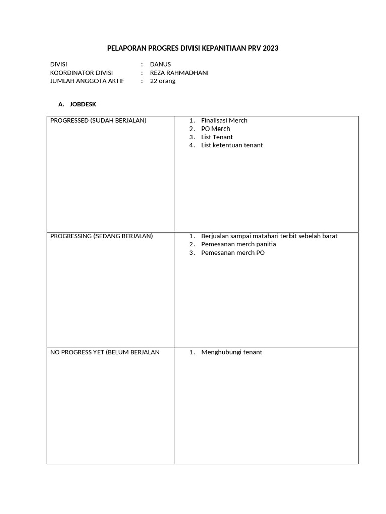 Pelaporan Progres Divisi Kepanitiaan Prv 2023 Danus | PDF