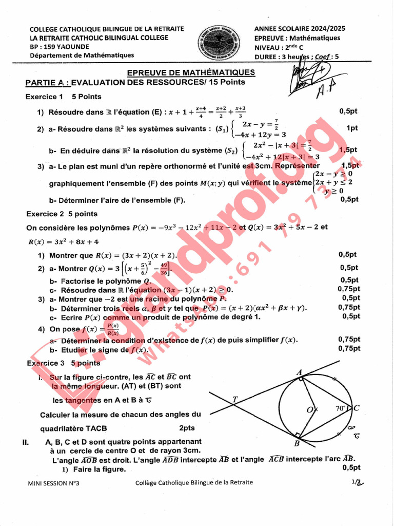 Mathematiques 2ndec Mini Session3 College Retraite 2024 2025 | PDF