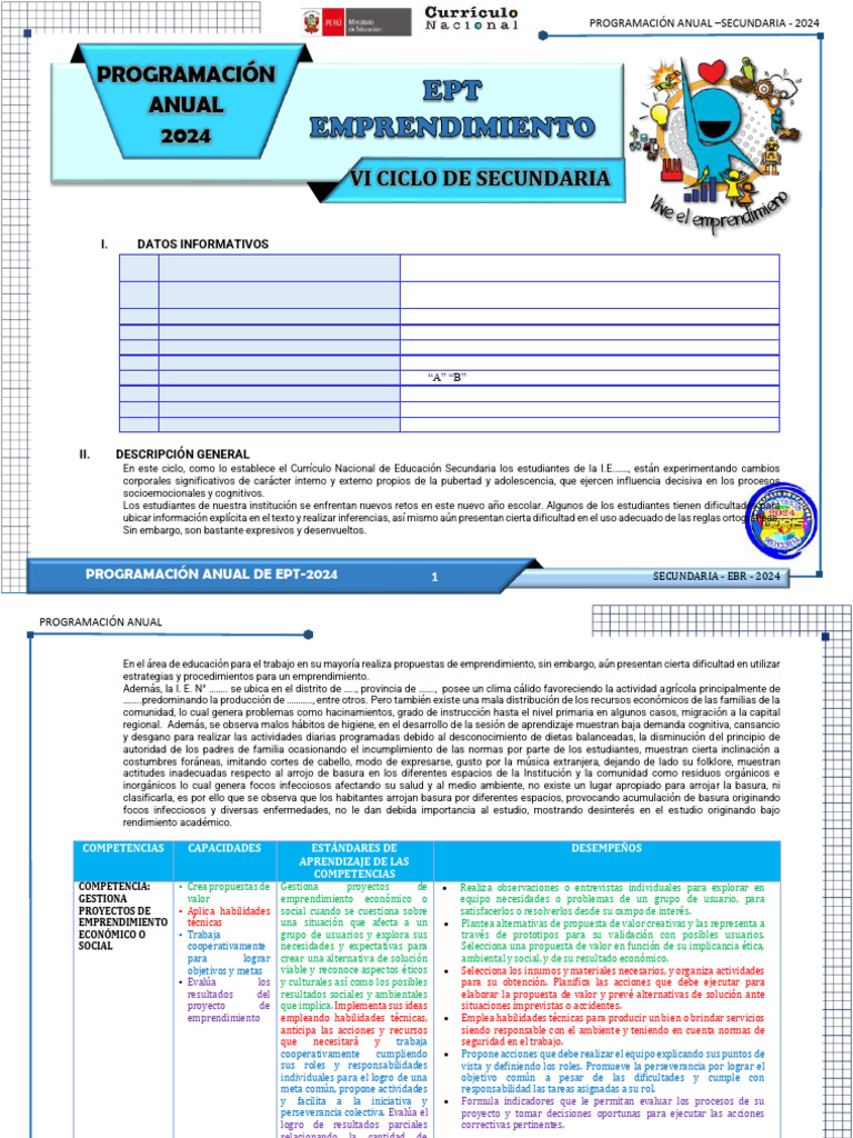 Vi Programación Anual Ept Emprendimiento - 2024 | PDF | Evaluación | Aprendizaje