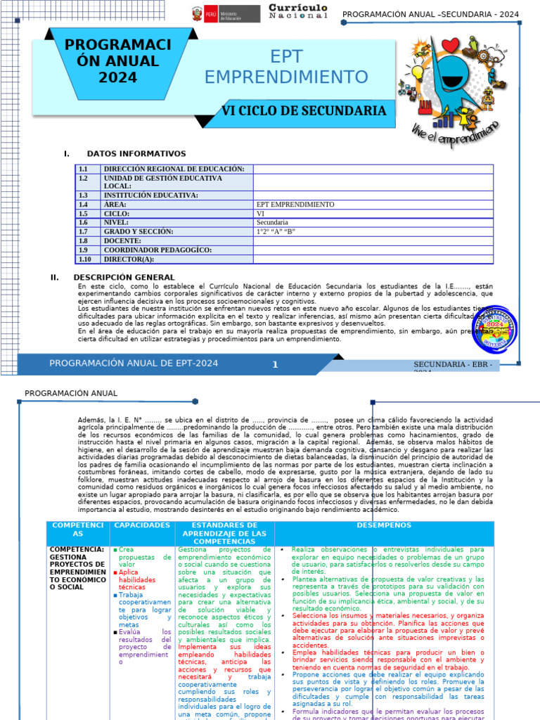 Vi Programación Anual Ept Emprendimiento - 2024 | PDF | Aprendizaje | Evaluación