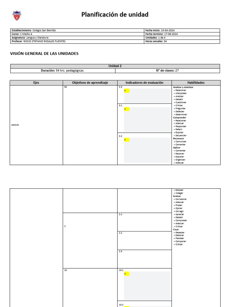 Planificación de Unidad: Lengua y Literatura | PDF | Comunicación ...
